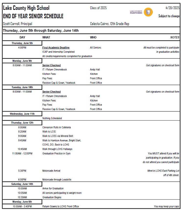 Mandatory Senior Meeting (Monday, May 12th) – Lake County High School